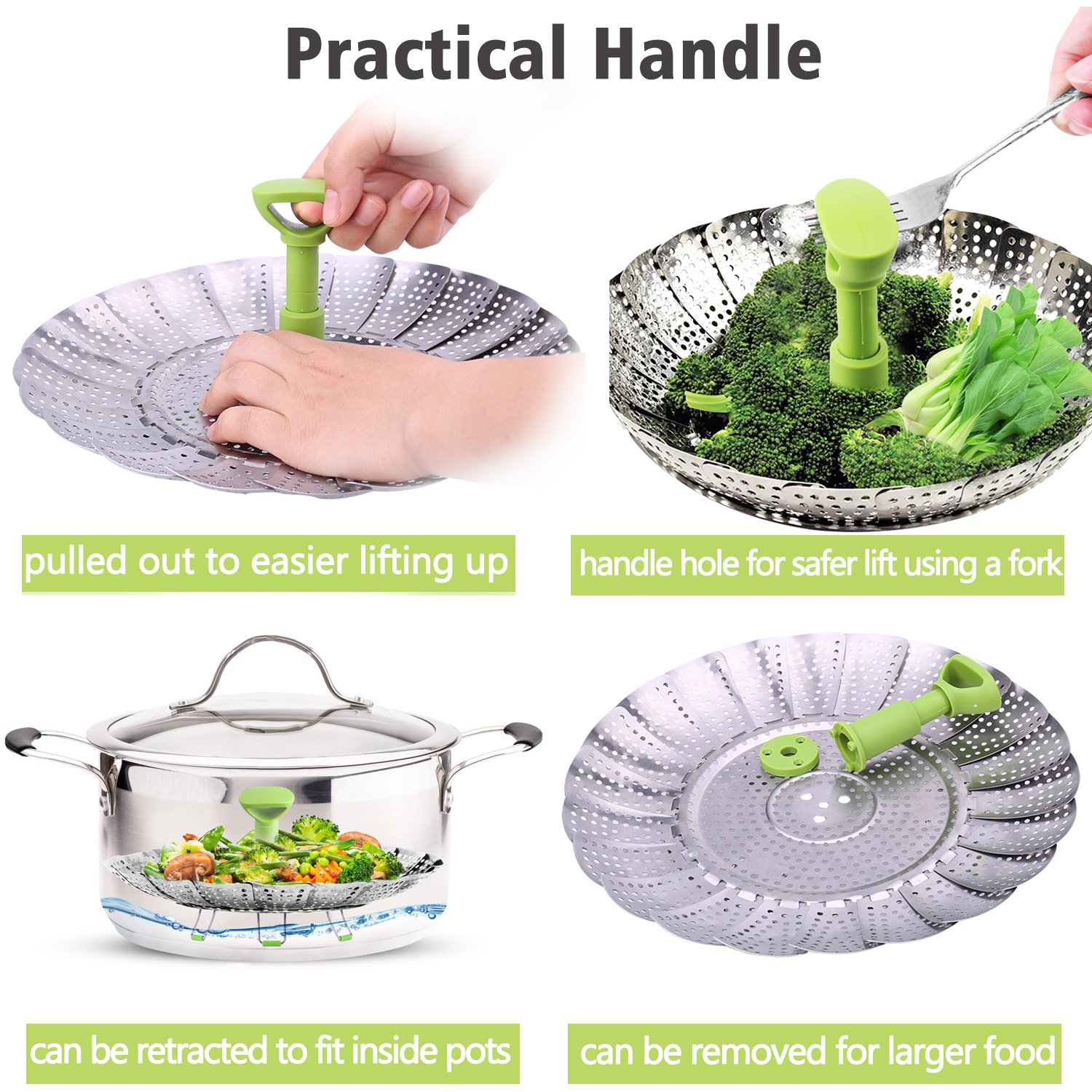 Consevisen Vegetable Steamer Basket for Cooking Food, Stainless Steel Veggie Steam Basket for Pot, Folding Expandable Steaming Insert with Extendable Handle Fits Various Size Pot, 6.4" to 10"