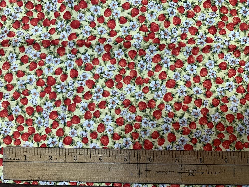 Strawberries Yellow Cotton Fabric by The Yard, Precut 1 Yard Pieces