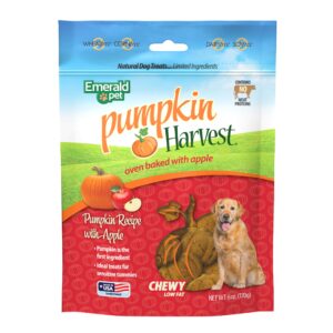 emerald pet pumpkin harvest pumpkin dog treats — low-fat chewy natural dog treats with pumpkin for digestive health — meat free, poultry free, wheat free dog treats — apple, 6 oz