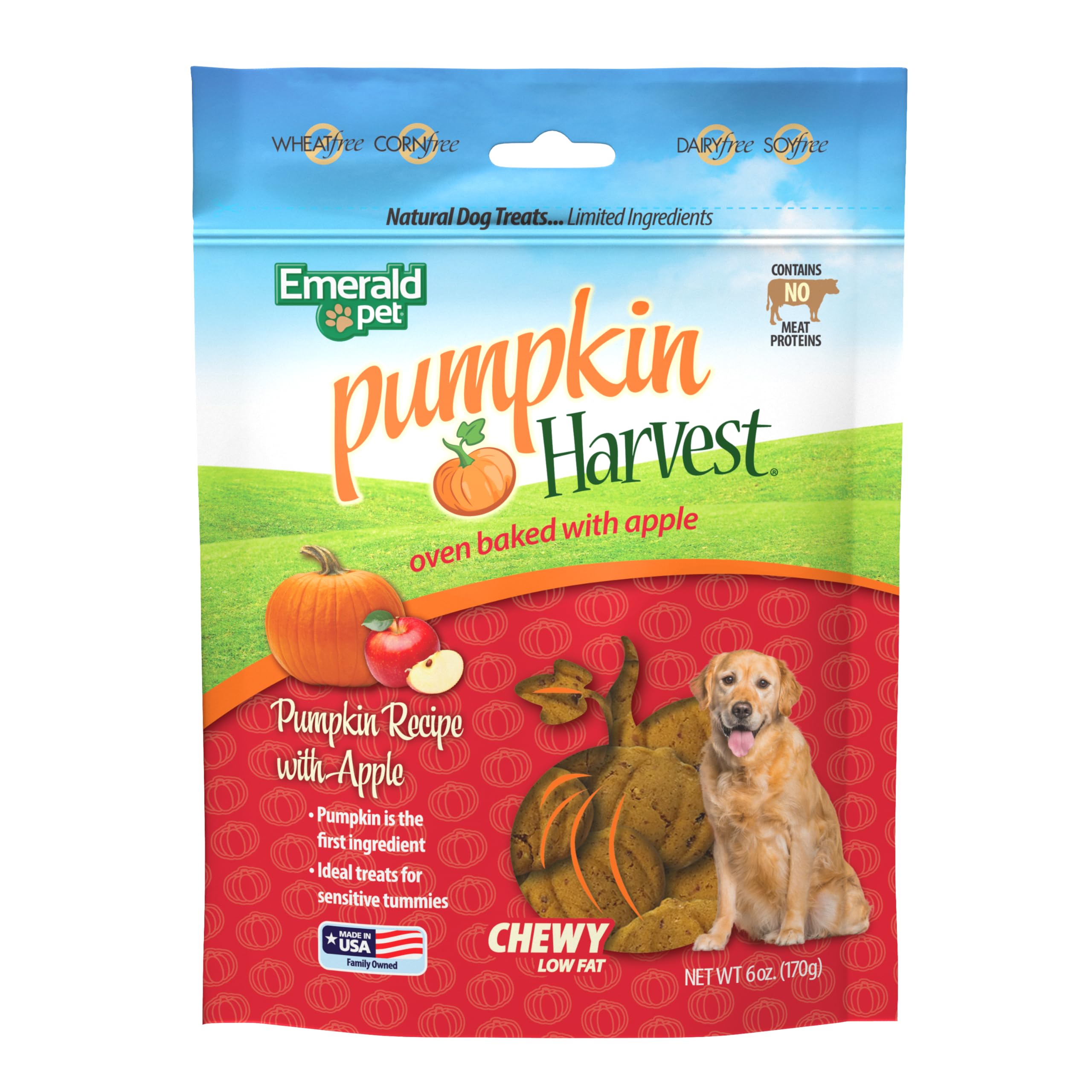 Emerald Pet Pumpkin Harvest Pumpkin Dog Treats — Low-Fat Chewy Natural Dog Treats with Pumpkin for Digestive Health — Meat Free, Poultry Free, Wheat Free Dog Treats — Apple, 6 oz