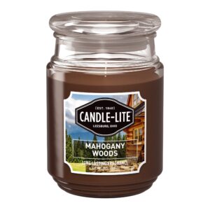 candle-lite scented candles, mahogany woods fragrance, one 18 oz. single-wick aromatherapy candle with 110 hours of burn time, brown color