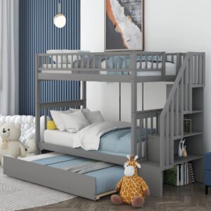 harper & bright designs bunk beds twin over twin size, solid wood bunk bed with trundle for kids and toddler (grey bunk beds with trundle)