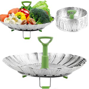 consevisen vegetable steamer basket for cooking food, stainless steel veggie steam basket for pot, folding expandable steaming insert with extendable handle fits various size pot, 6.4" to 10"