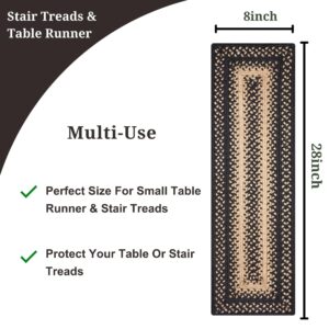 Homespice Manchester Premium Jute Braided Stair Tread 8" x 28" (Set of 13) Rectangular Black Reversible, Natural Jute Yarn Rustic, Country, Primitive, Farmhouse Style - 30 Day Risk Free Purchase