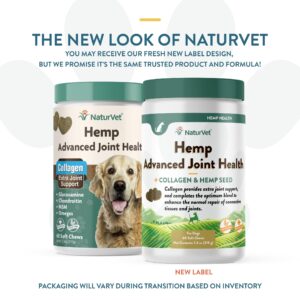 NaturVet Hemp Advanced Joint Health Dog Supplement Plus Hemp Seed – Helps Support Joint Health in Dogs – Includes, Collagen, Glucosamine, MSM, Chondroitin, Omegas – 60 Ct.