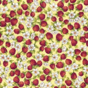 strawberries yellow cotton fabric by the yard, precut 1 yard pieces