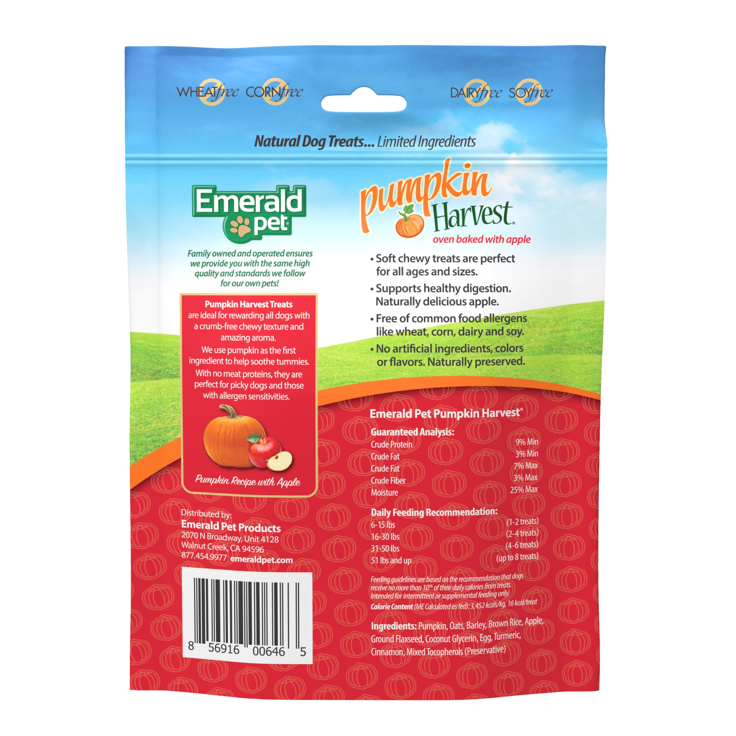 Emerald Pet Pumpkin Harvest Pumpkin Dog Treats — Low-Fat Chewy Natural Dog Treats with Pumpkin for Digestive Health — Meat Free, Poultry Free, Wheat Free Dog Treats — Apple, 6 oz