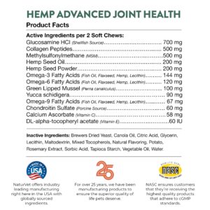 NaturVet Hemp Advanced Joint Health Dog Supplement Plus Hemp Seed – Helps Support Joint Health in Dogs – Includes, Collagen, Glucosamine, MSM, Chondroitin, Omegas – 60 Ct.