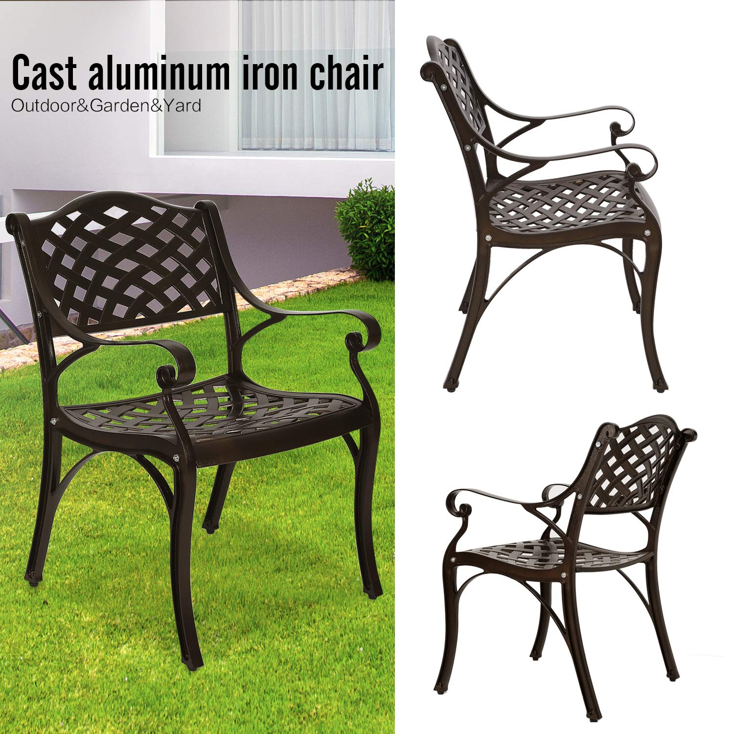 YUSING Outdoor Dining Chairs Set of 2,Patio Dining Chairs,Cast Aluminum Metal Arm Chairs for Kitchen,Garden,Backyard