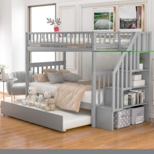 merax twin over twin bunk bed with trundle, storage staircase and full length guardrail, solid wood stairway bunk bed, no spring box needed (grey)