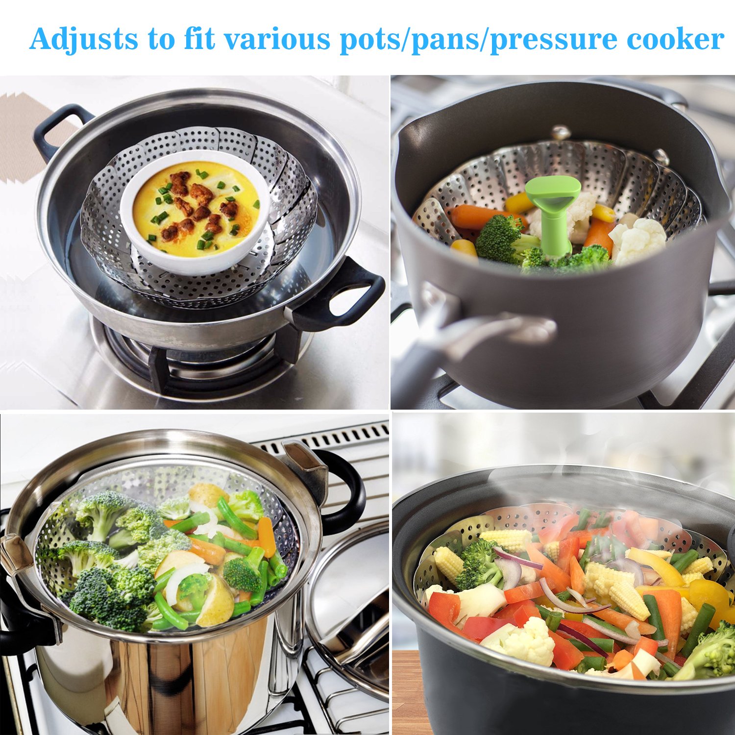 Consevisen Vegetable Steamer Basket for Cooking Food, Stainless Steel Veggie Steam Basket for Pot, Folding Expandable Steaming Insert with Extendable Handle Fits Various Size Pot, 6.4" to 10"