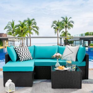 vitesse patio furniture sets all weather outdoor sectional sofa manual weaving wicker rattan patio conversation set with cushion and glass table (5 pieces, light blue)