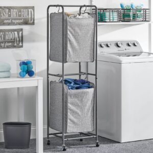 mDesign Vertical Stacked Laundry Hamper Basket with Wheels, Portable, 2 Removable Bags for Organizing Clothes, Laundry, Lights, Darks - Strong Metal Frame - Dark Gray