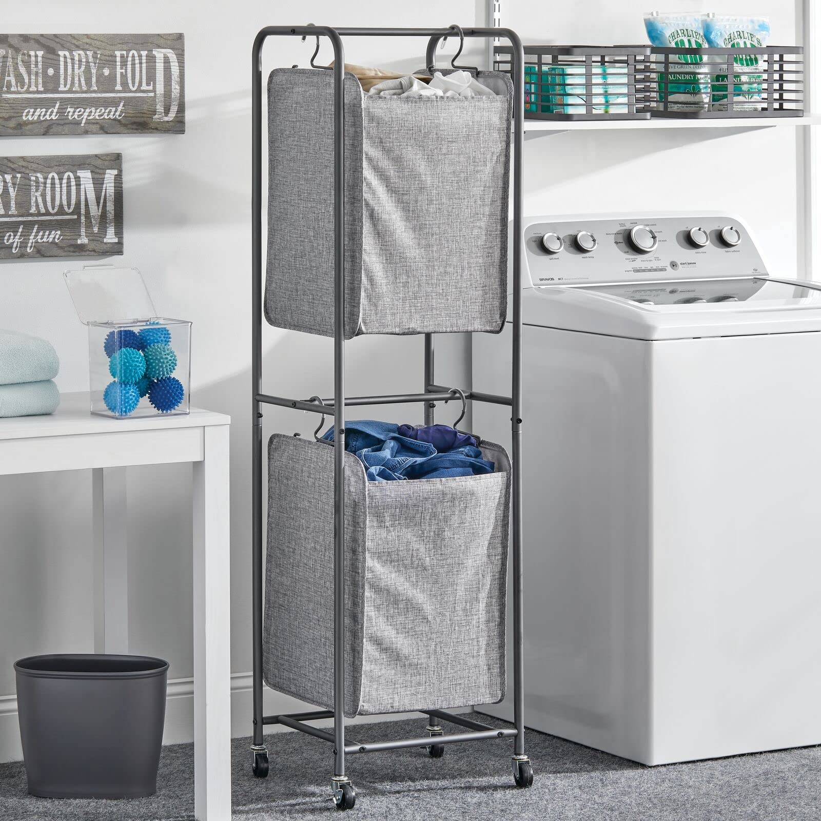 mDesign Vertical Stacked Laundry Hamper Basket with Wheels, Portable, 2 Removable Bags for Organizing Clothes, Laundry, Lights, Darks - Strong Metal Frame - Dark Gray