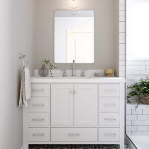 DKB Beckford Bathroom Vanity 49" White with 1.5" Edge Pure White Quartz Countertop & Backsplash, Center Oval Sink, 2 Soft Closing Doors, 9 Full Extension Dovetail Drawers, Brushed Nickel