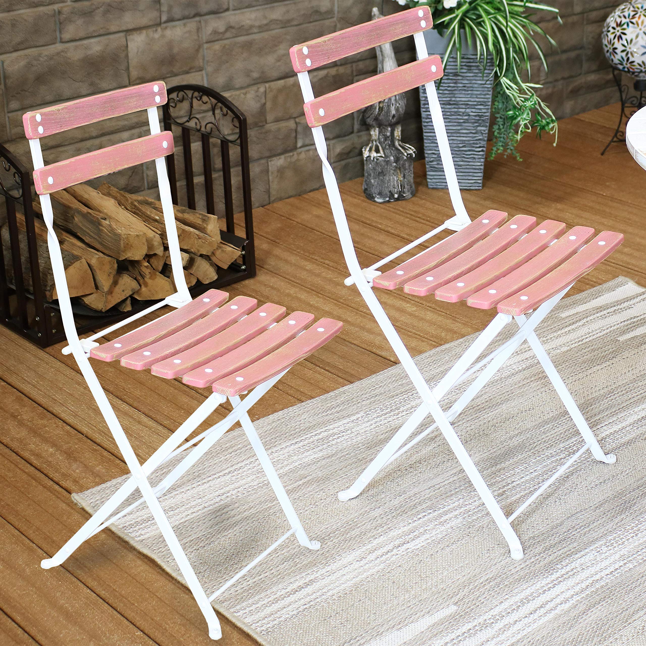 Sunnydaze Classic Cafe European Chestnut Wooden Folding Bistro Chair - Indoor or Outdoor Use on Patio, Deck, Balcony or Camping - Antique Pink - Set of 4