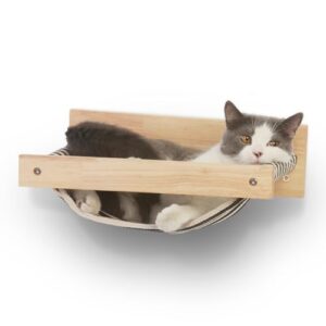 fukumaru hammock mounted cat beds and perches, wooden wall furniture, stable shelves for sleeping, playing, climbing, and lounging, black stripe