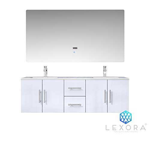 Lexora Geneva 60 in. W x 22 in. D Glossy White Double Bath Vanity, Carrara Marble Top and 60 in. LED Mirror