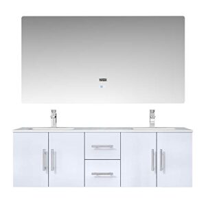 lexora geneva 60 in. w x 22 in. d glossy white double bath vanity, carrara marble top and 60 in. led mirror