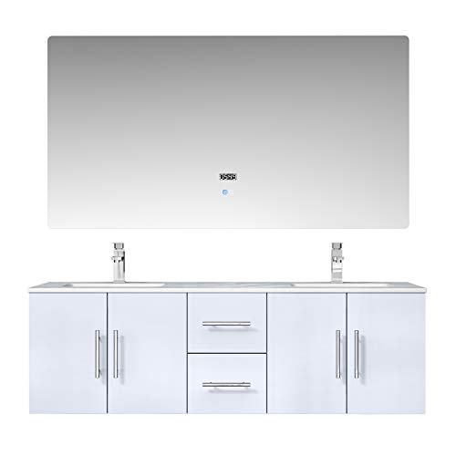 Lexora Geneva 60 in. W x 22 in. D Glossy White Double Bath Vanity, Carrara Marble Top and 60 in. LED Mirror