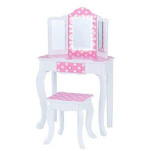 teamson kids princess gisele polka dot print 2-piece kids wooden play vanity set with table, led-illuminated tri-fold mirror, storage drawer, and matching stool, white with pink polka dot accent