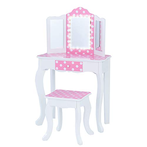 Teamson Kids Princess Gisele Polka Dot Print 2-Piece Kids Wooden Play Vanity Set with Table, LED-Illuminated Tri-Fold Mirror, Storage Drawer, and Matching Stool, White with Pink Polka Dot Accent