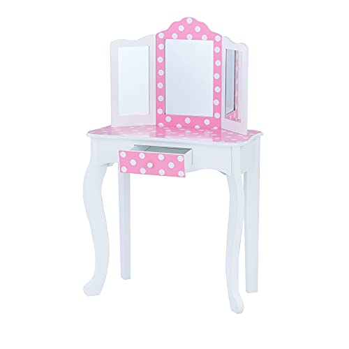 Teamson Kids Princess Gisele Polka Dot Print 2-Piece Kids Wooden Play Vanity Set with Table, LED-Illuminated Tri-Fold Mirror, Storage Drawer, and Matching Stool, White with Pink Polka Dot Accent