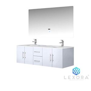 Lexora Geneva 60 in. W x 22 in. D Glossy White Double Bath Vanity, Carrara Marble Top and 60 in. LED Mirror