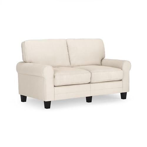 Serta Copenhagen 61" Rolled Arm Sofa, Easy Care Polyester, Soft Pillow Back, Pocket Coil Seat Cushions, Removable Covers, Loveseat or Couch for Small Spaces, Living Rooms or Bedrooms, Buckwheat Beige