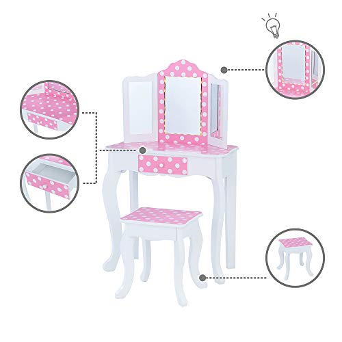 Teamson Kids Princess Gisele Polka Dot Print 2-Piece Kids Wooden Play Vanity Set with Table, LED-Illuminated Tri-Fold Mirror, Storage Drawer, and Matching Stool, White with Pink Polka Dot Accent