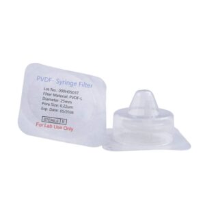 sterile syringe filter pvdf hydrophilic filtration 0.22 um pore size, 25 mm membrane diameter sterile pvdf membrane individually packed 20/pk by labfil