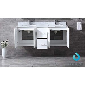 Lexora Geneva 60 in. W x 22 in. D Glossy White Double Bath Vanity, Carrara Marble Top and 60 in. LED Mirror