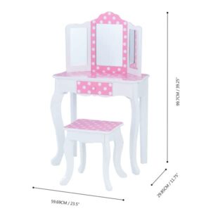 Teamson Kids Princess Gisele Polka Dot Print 2-Piece Kids Wooden Play Vanity Set with Table, LED-Illuminated Tri-Fold Mirror, Storage Drawer, and Matching Stool, White with Pink Polka Dot Accent