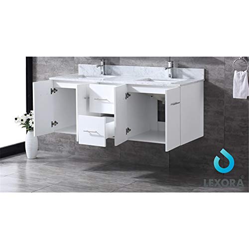 Lexora Geneva 60 in. W x 22 in. D Glossy White Double Bath Vanity, Carrara Marble Top and 60 in. LED Mirror