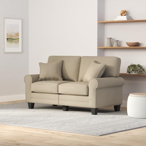 Serta Copenhagen 61" Rolled Arm Sofa, Easy Care Polyester, Soft Pillow Back, Pocket Coil Seat Cushions, Removable Covers, Loveseat or Couch for Small Spaces, Living Rooms or Bedrooms, Buckwheat Beige