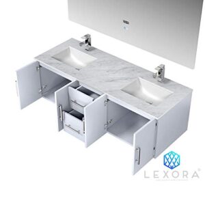 Lexora Geneva 60 in. W x 22 in. D Glossy White Double Bath Vanity, Carrara Marble Top and 60 in. LED Mirror