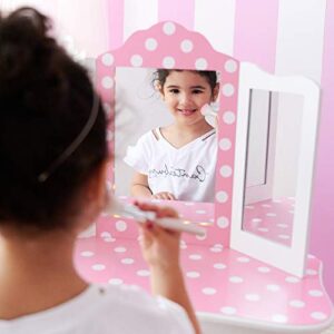 Teamson Kids Princess Gisele Polka Dot Print 2-Piece Kids Wooden Play Vanity Set with Table, LED-Illuminated Tri-Fold Mirror, Storage Drawer, and Matching Stool, White with Pink Polka Dot Accent