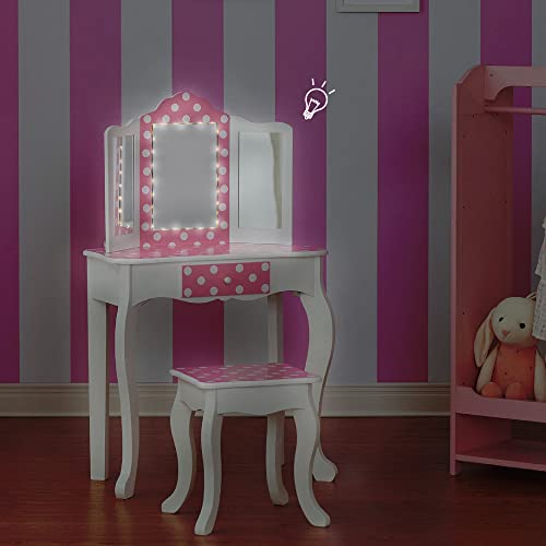 Teamson Kids Princess Gisele Polka Dot Print 2-Piece Kids Wooden Play Vanity Set with Table, LED-Illuminated Tri-Fold Mirror, Storage Drawer, and Matching Stool, White with Pink Polka Dot Accent