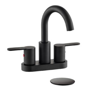 timearrow matte black two handle centerset bathroom sink faucet with pop up drain, high arc modern 4 inch bathroom vanity lavatory faucet 3 holes with brass 360° swivel spout, taf067e-mb