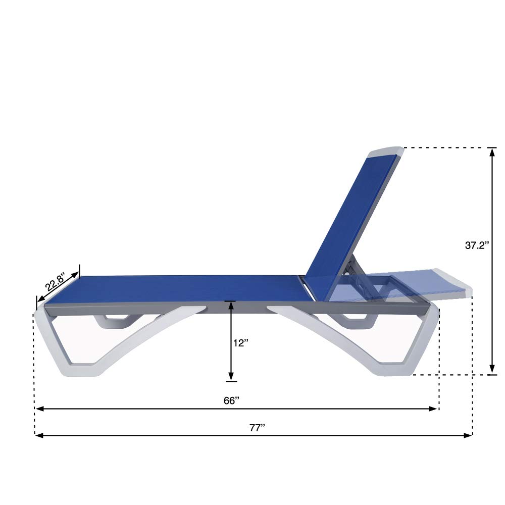 Kozyard Patio Chaise Lounge Chair - Full Flat Alumium & Resin Legs, Outdoor Reclining Adjustable Chair for Sunbathing, Beach, Patio, Lounge Set or Patio Table (Blue Textilence W/O Table)