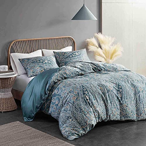 INTELLIGENT DESIGN Reversible 100% Cotton Sateen Duvet - Breathable Comforter Cover, Modern All Season Bedding Set with Sham (Insert Excluded), Belcourt, Paisley Blue Full/Queen(90"x90")