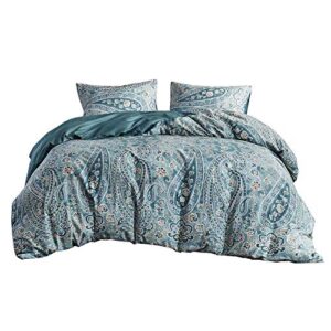 INTELLIGENT DESIGN Reversible 100% Cotton Sateen Duvet - Breathable Comforter Cover, Modern All Season Bedding Set with Sham (Insert Excluded), Belcourt, Paisley Blue Full/Queen(90"x90")