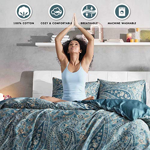 INTELLIGENT DESIGN Reversible 100% Cotton Sateen Duvet - Breathable Comforter Cover, Modern All Season Bedding Set with Sham (Insert Excluded), Belcourt, Paisley Blue Full/Queen(90"x90")