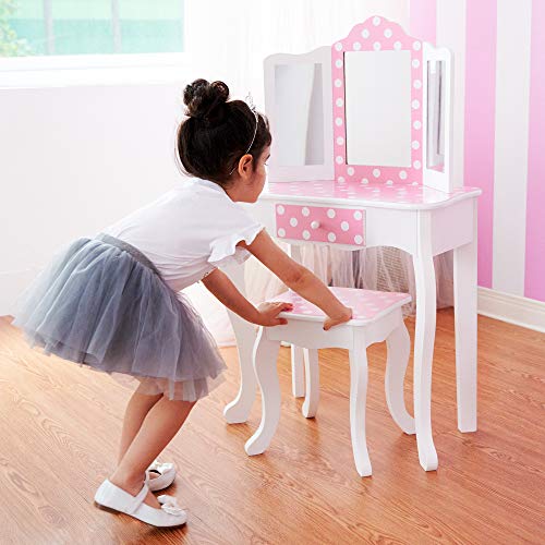 Teamson Kids Princess Gisele Polka Dot Print 2-Piece Kids Wooden Play Vanity Set with Table, LED-Illuminated Tri-Fold Mirror, Storage Drawer, and Matching Stool, White with Pink Polka Dot Accent