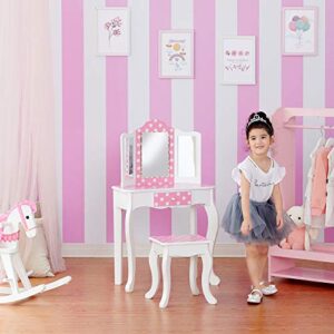 Teamson Kids Princess Gisele Polka Dot Print 2-Piece Kids Wooden Play Vanity Set with Table, LED-Illuminated Tri-Fold Mirror, Storage Drawer, and Matching Stool, White with Pink Polka Dot Accent