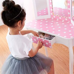 Teamson Kids Princess Gisele Polka Dot Print 2-Piece Kids Wooden Play Vanity Set with Table, LED-Illuminated Tri-Fold Mirror, Storage Drawer, and Matching Stool, White with Pink Polka Dot Accent