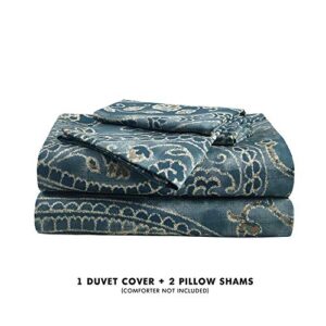 INTELLIGENT DESIGN Reversible 100% Cotton Sateen Duvet - Breathable Comforter Cover, Modern All Season Bedding Set with Sham (Insert Excluded), Belcourt, Paisley Blue Full/Queen(90"x90")