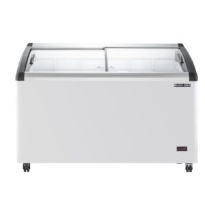 maxx cold mxf54chc-6 curved glass top chest freezer display 53.2" w, 9.96 cu. ft. storage capacity, equipped with (6) wire baskets, white