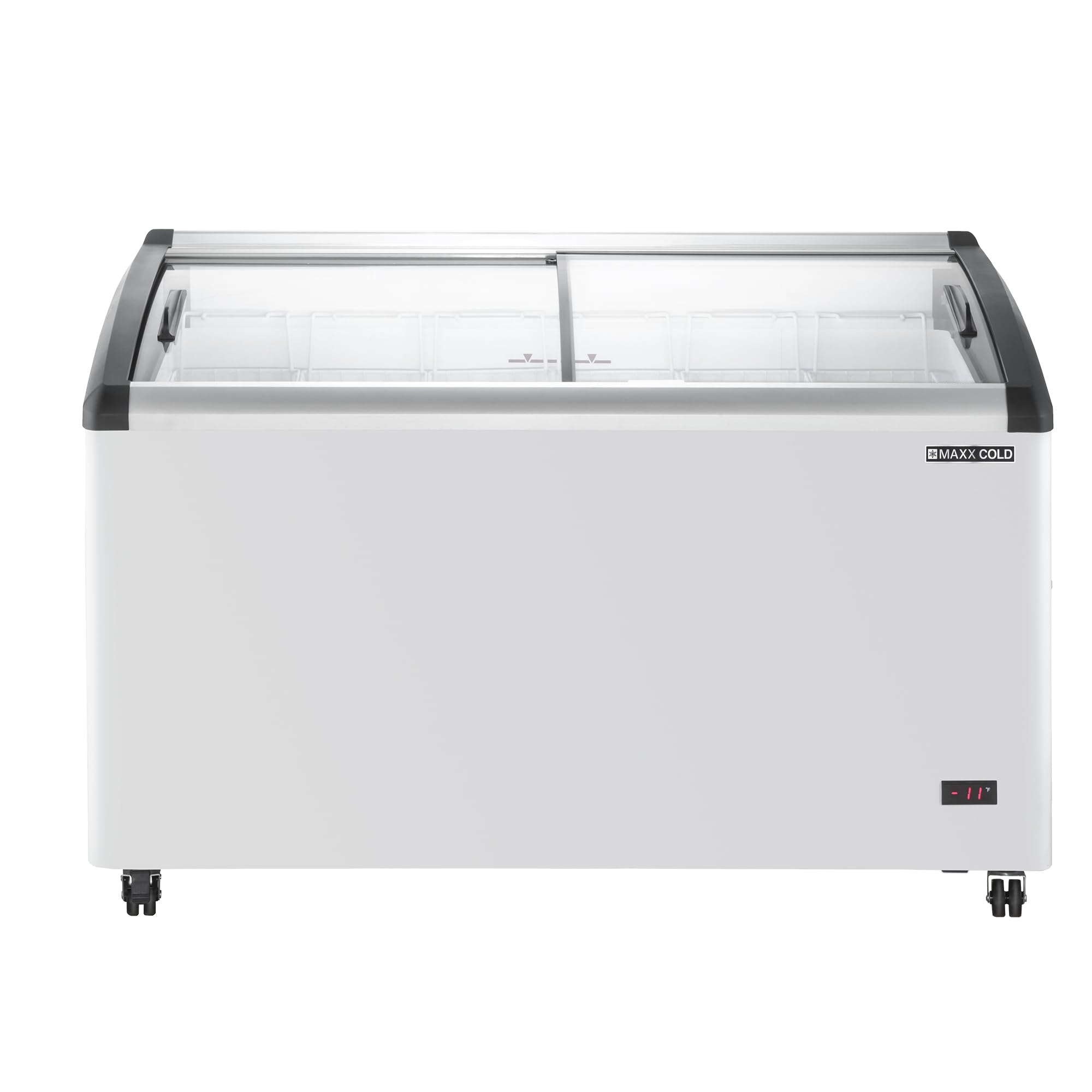 Maxx Cold MXF54CHC-6 Curved Glass Top Chest Freezer Display 53.2" W, 9.96 cu. ft. Storage Capacity, Equipped with (6) Wire Baskets, White