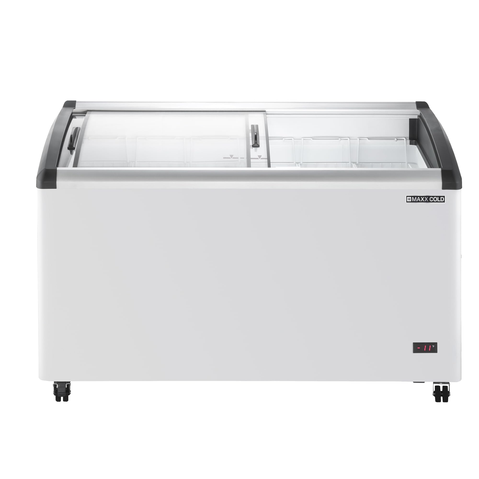 Maxx Cold MXF54CHC-6 Curved Glass Top Chest Freezer Display 53.2" W, 9.96 cu. ft. Storage Capacity, Equipped with (6) Wire Baskets, White